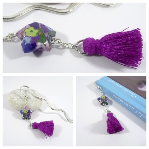 Marque-Page Origami Pompon violet avec fleurs multicolores